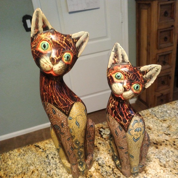 Unbranded | Accents | Vintage Decorative Wooden Hand Carved Cat Statues ...